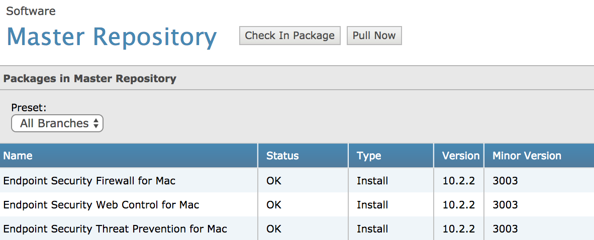 Mac 製品向けの Endpoint Security および ePO マスターリポジトリに表示されるバージョンと、バージョン情報ダイアログ ...