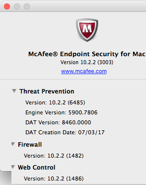 Mac 製品向けの Endpoint Security および ePO マスターリポジトリに表示されるバージョンと、バージョン情報ダイアログ ...